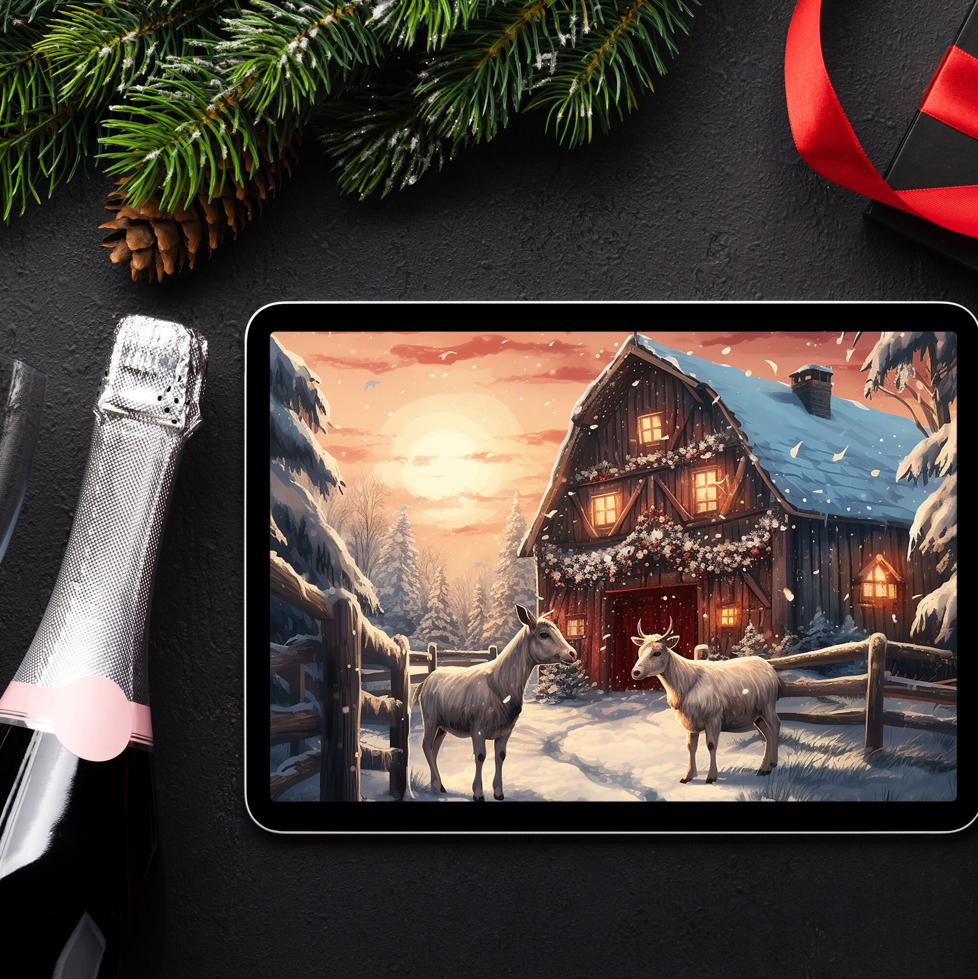 Country Christmas Barn Farmhouse Clipart Bundle of 64 Watercolor PNG ...