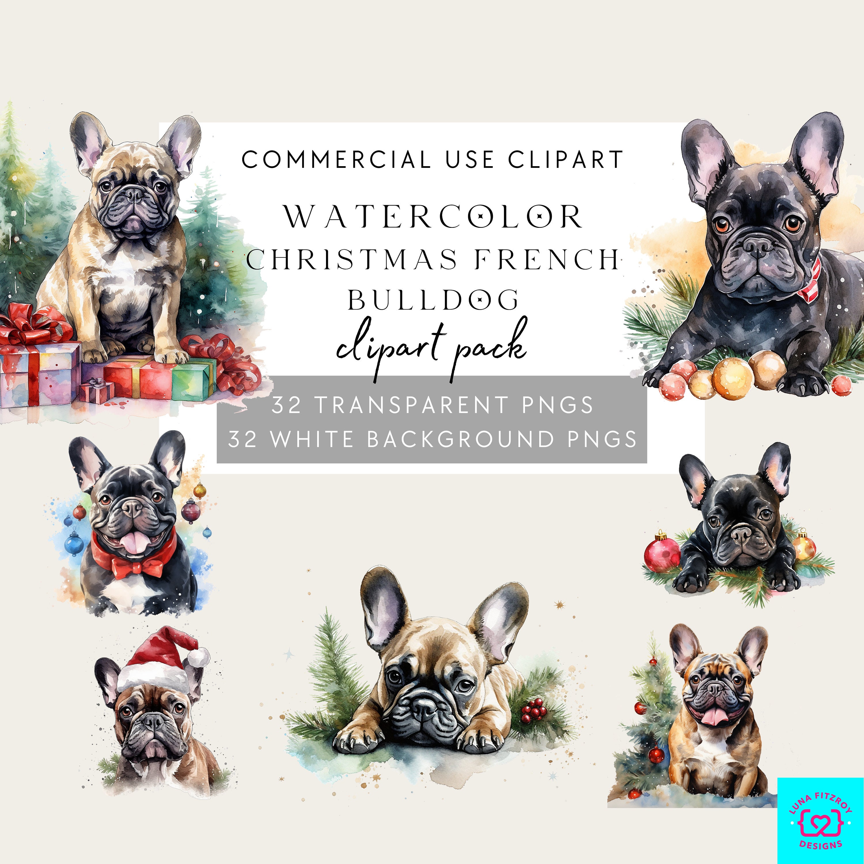 French Bulldog Christmas PNG, Bundle of 64 Watercolor Clipart ...