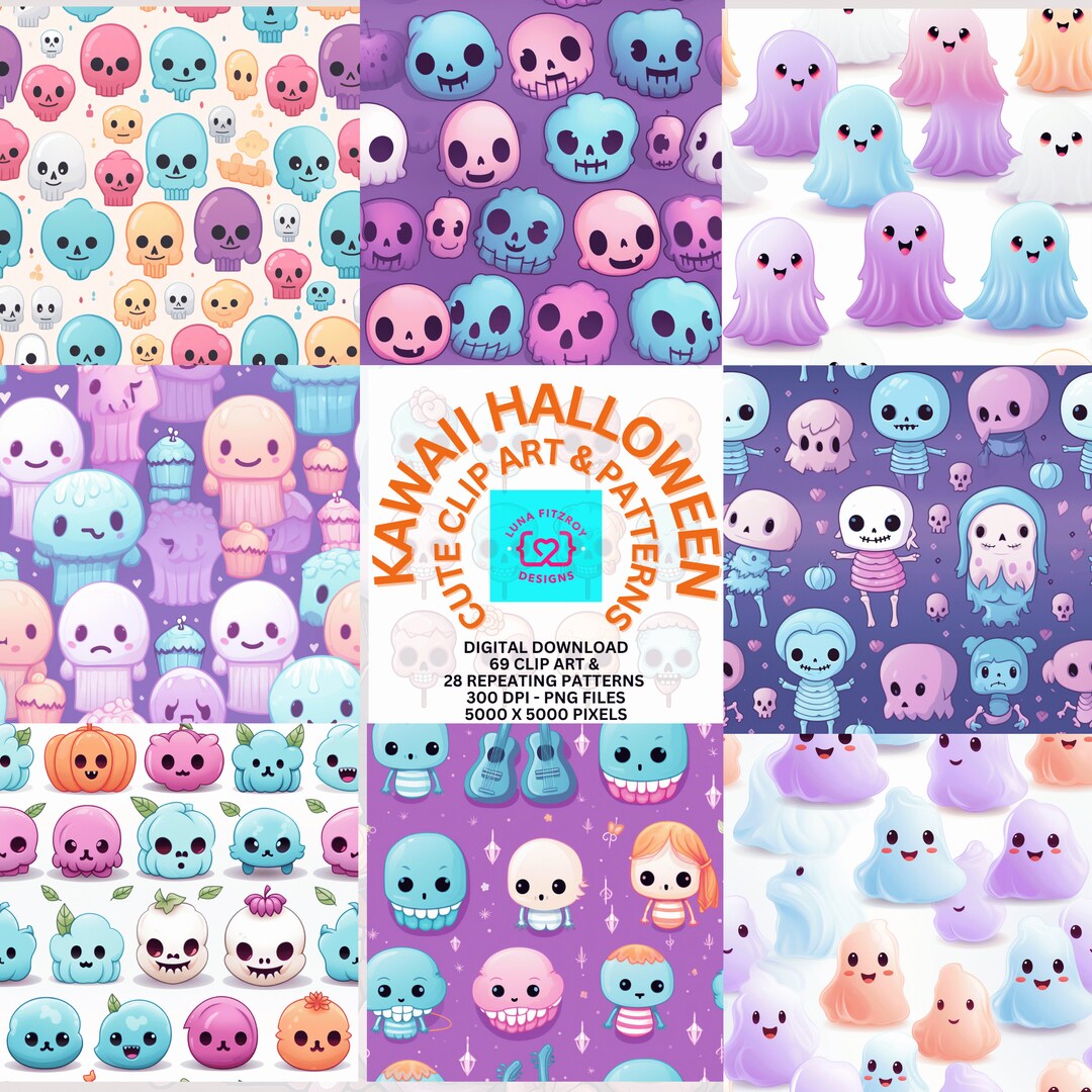 Cute Kawaii Halloween Clipart Bundle, 69 Halloween Clipart, 28 Seamless ...