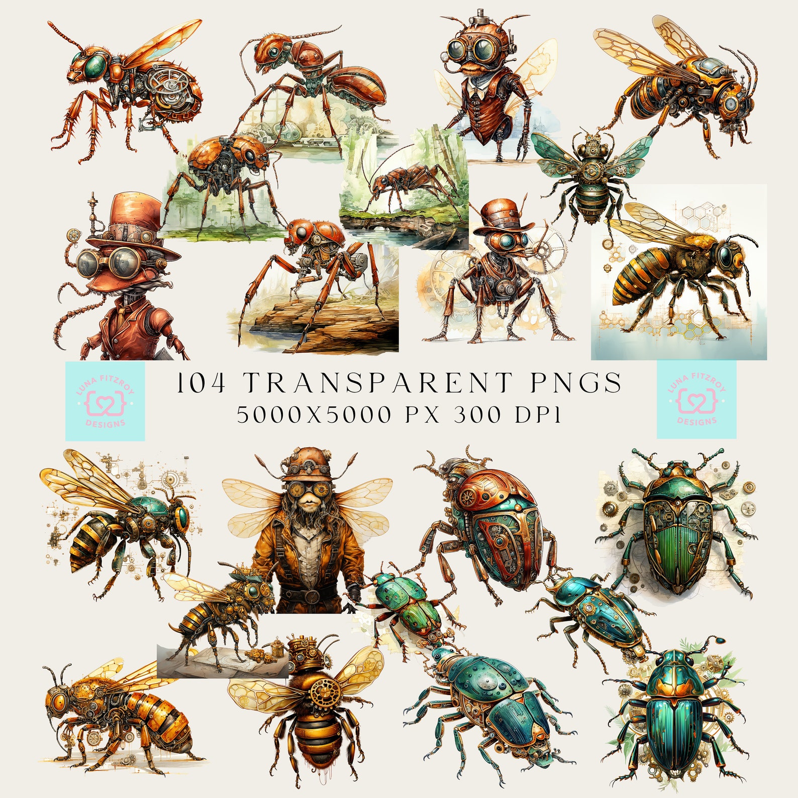 Steampunk Woodland Insect Clipart Bundle of 104 PNG, Watercolor Insect ...