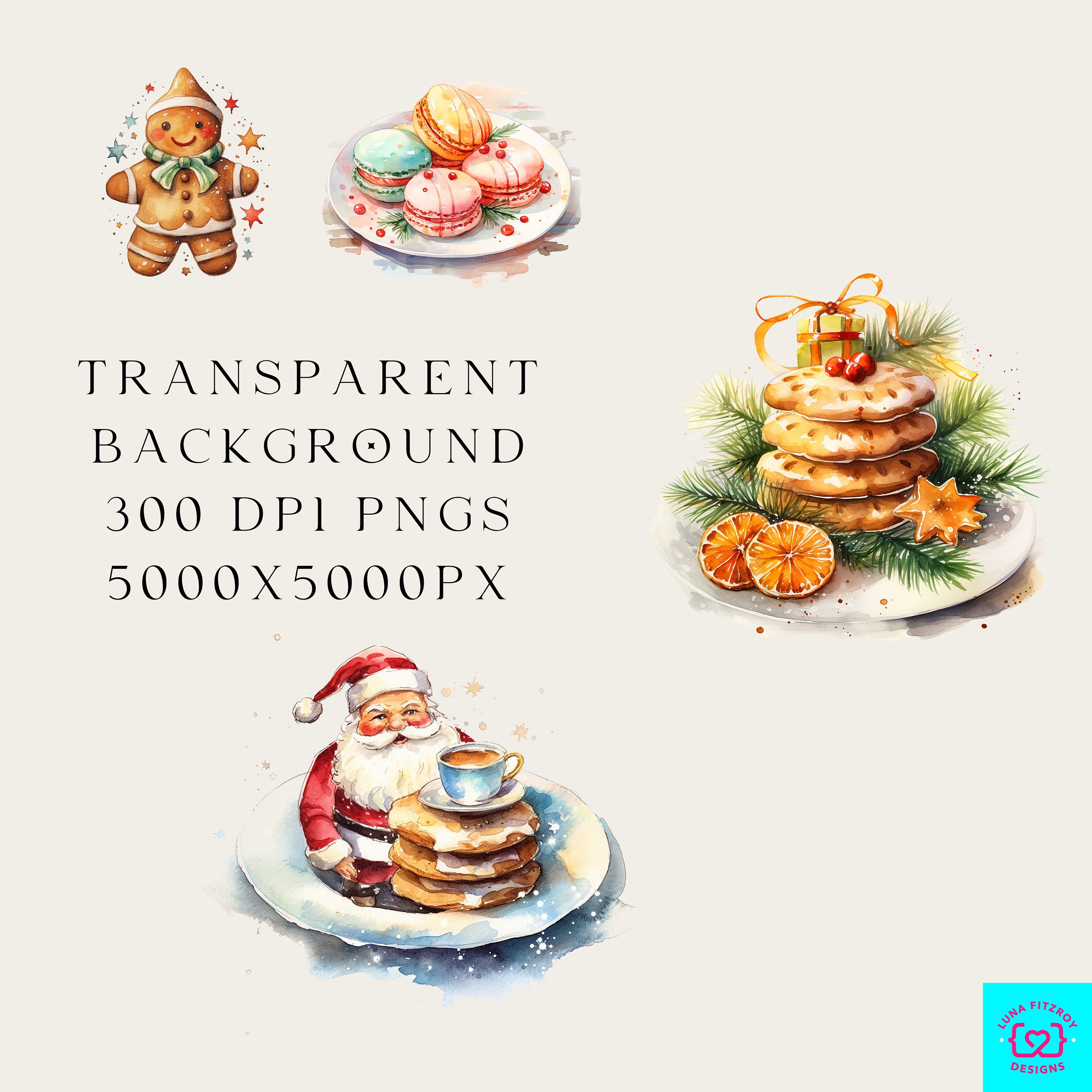 Christmas Cookie Clipart, Bundle of 64 Watercolor Christmas PNG, Boho ...