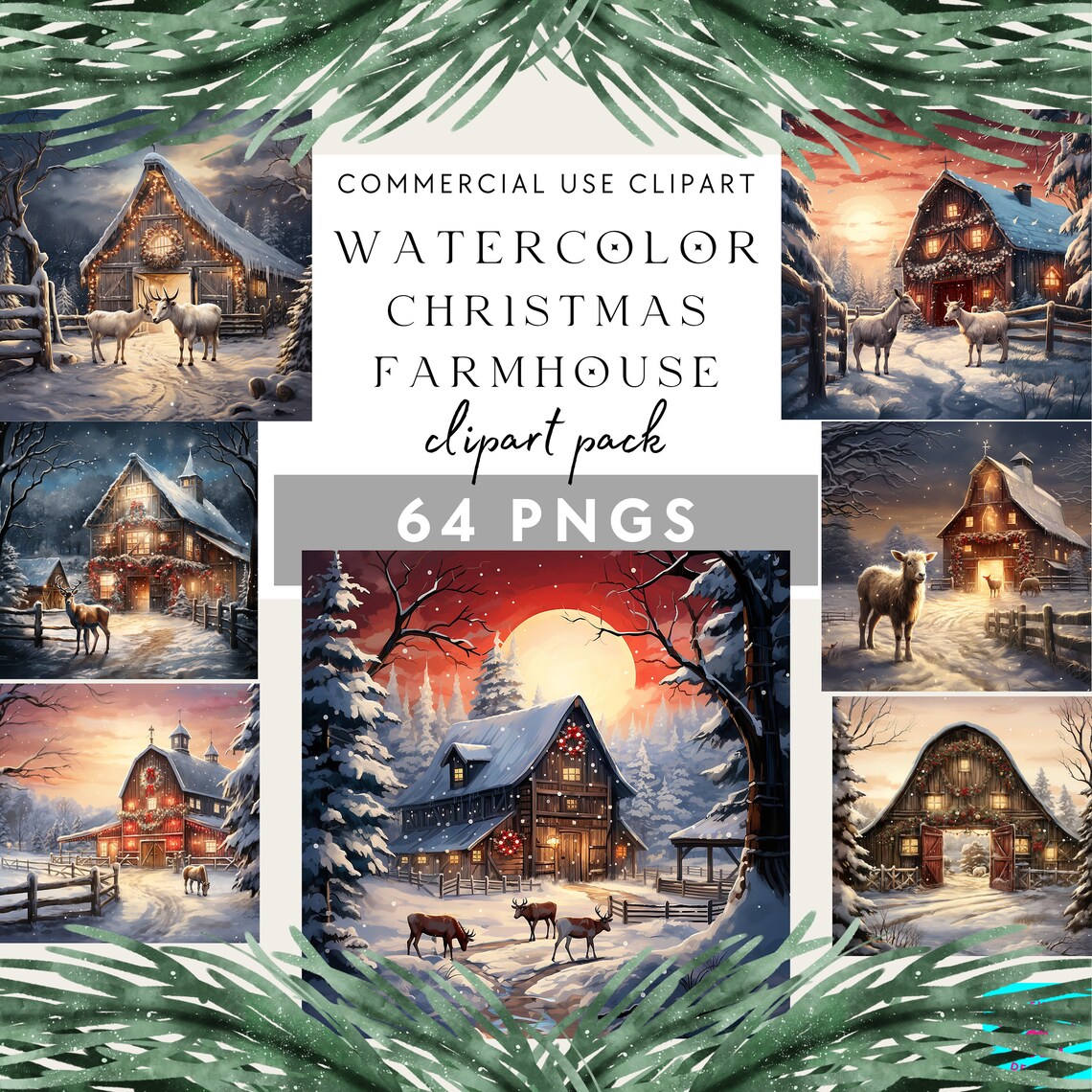 Country Christmas Barn Farmhouse Clipart Bundle of 64 Watercolor PNG ...