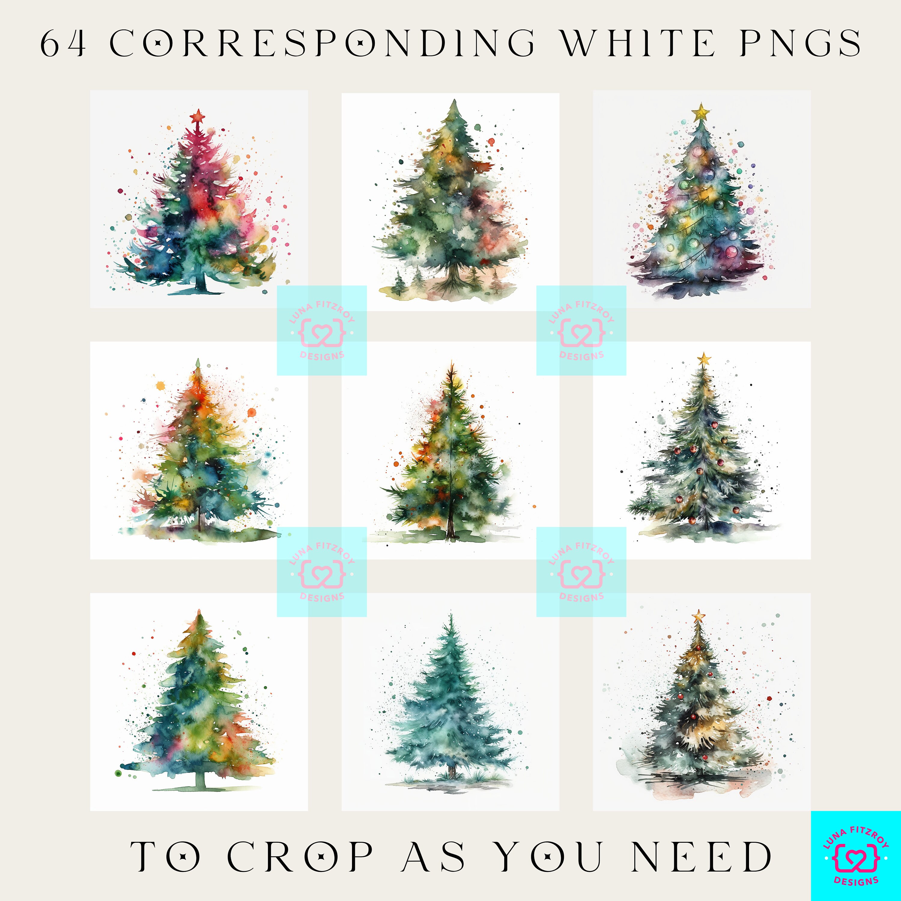 Christmas Tree Clipart, 128 High Quality PNG Bundle, Watercolor ...