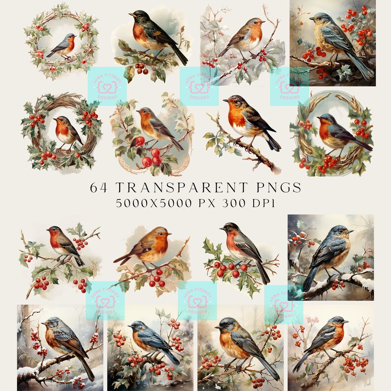 Christmas Robin Clipart, Clipart Bundle Christmas 128 Pngs, Watercolor ...