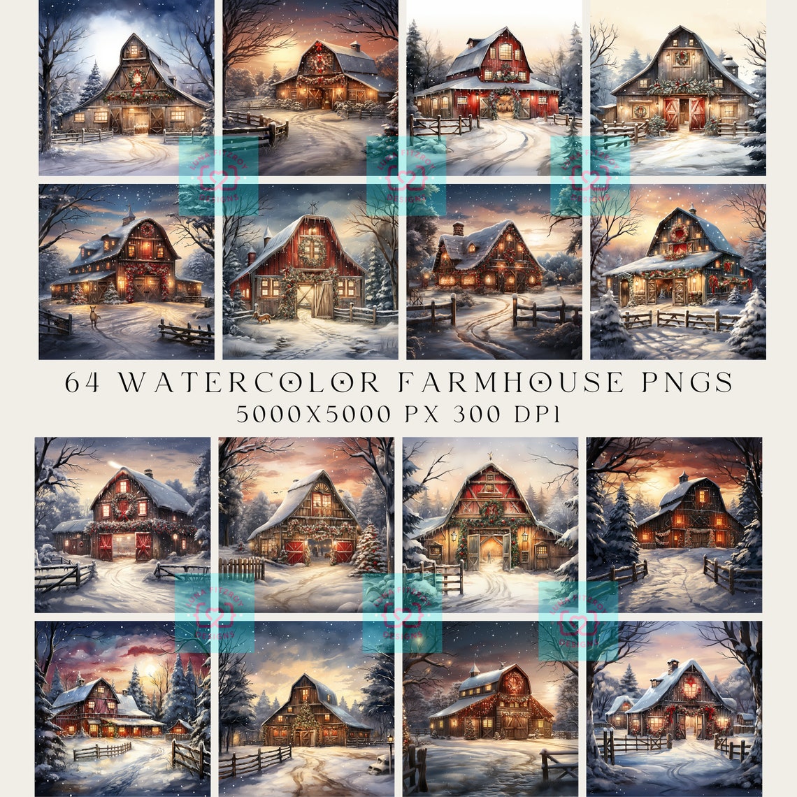 Country Christmas Barn Farmhouse Clipart Bundle of 64 Watercolor PNG ...