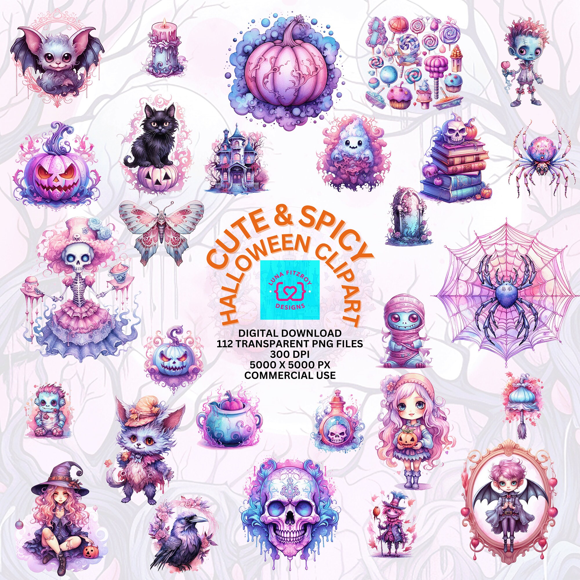 112 Pastel Halloween Clipart PNG Bundle Whimsigoth Watercolor Painting ...