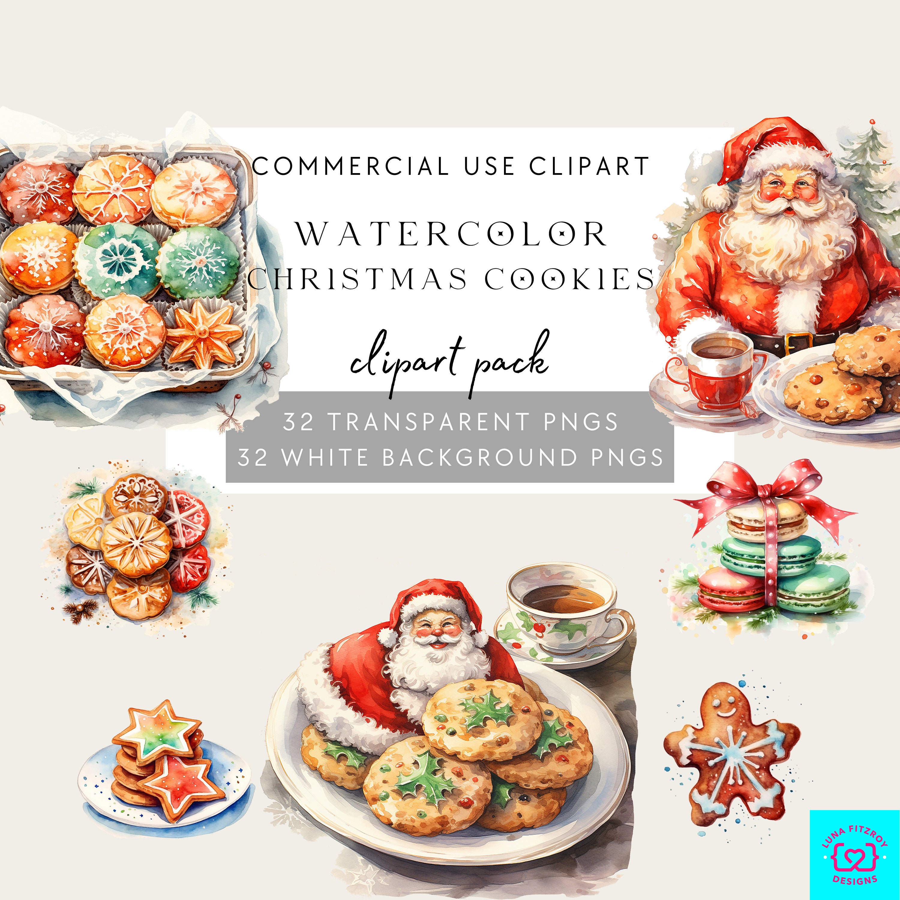 Christmas Cookie Clipart, Bundle of 64 Watercolor Christmas PNG, Boho ...
