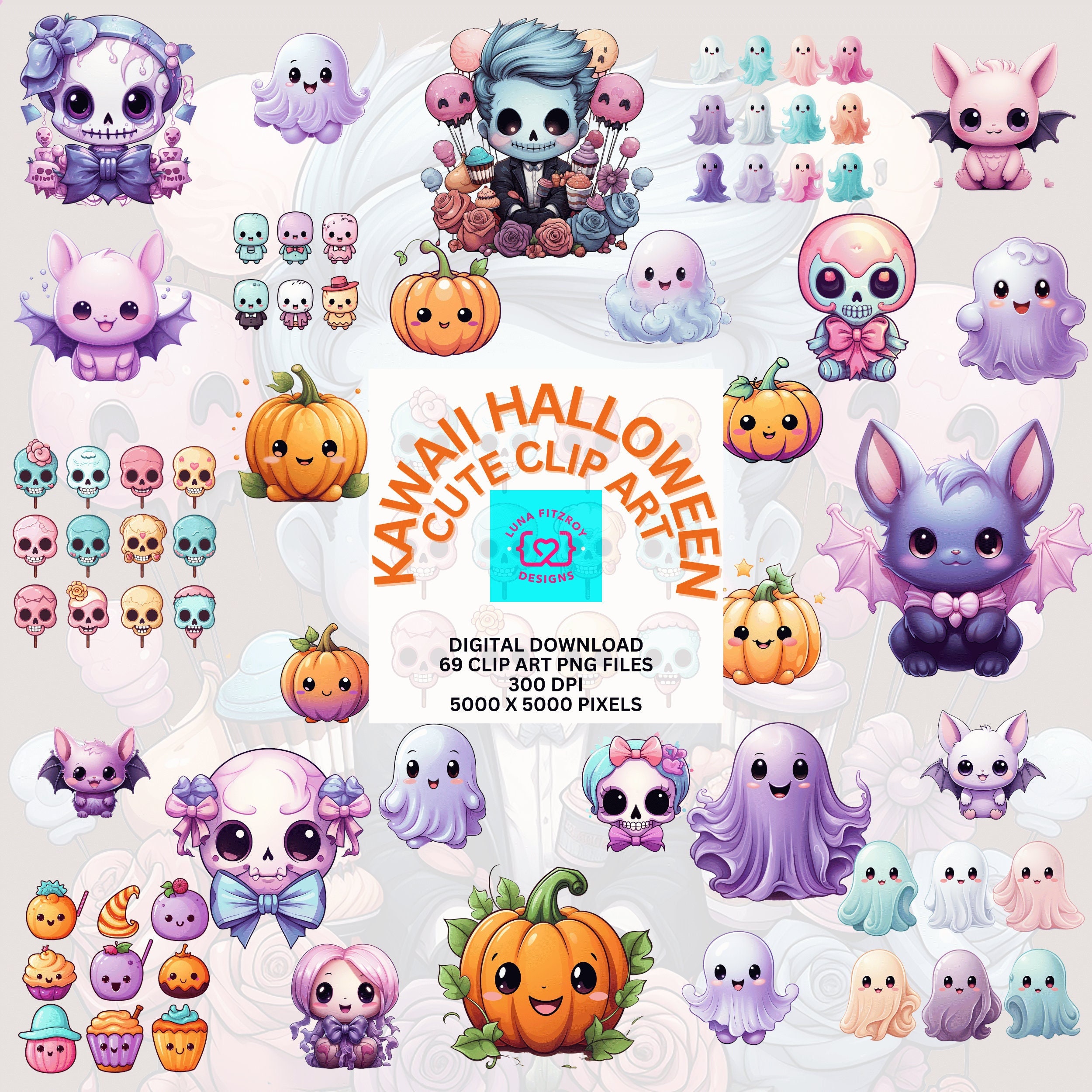 Cute Kawaii Halloween Clipart Bundle, 69 Happy Halloween Kawaii Clipart ...