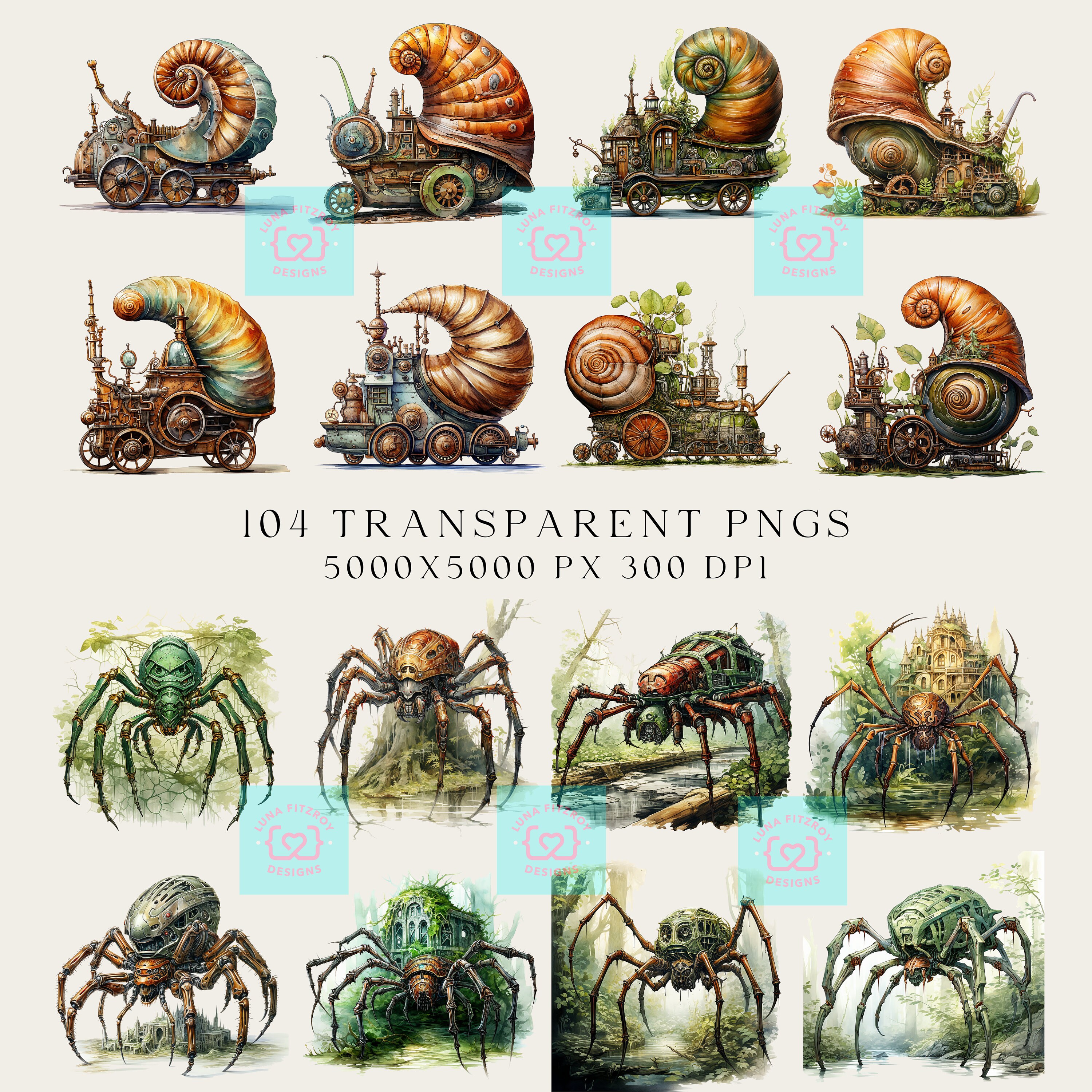 Steampunk Woodland Insect Clipart Bundle of 104 PNG, Watercolor Insect ...
