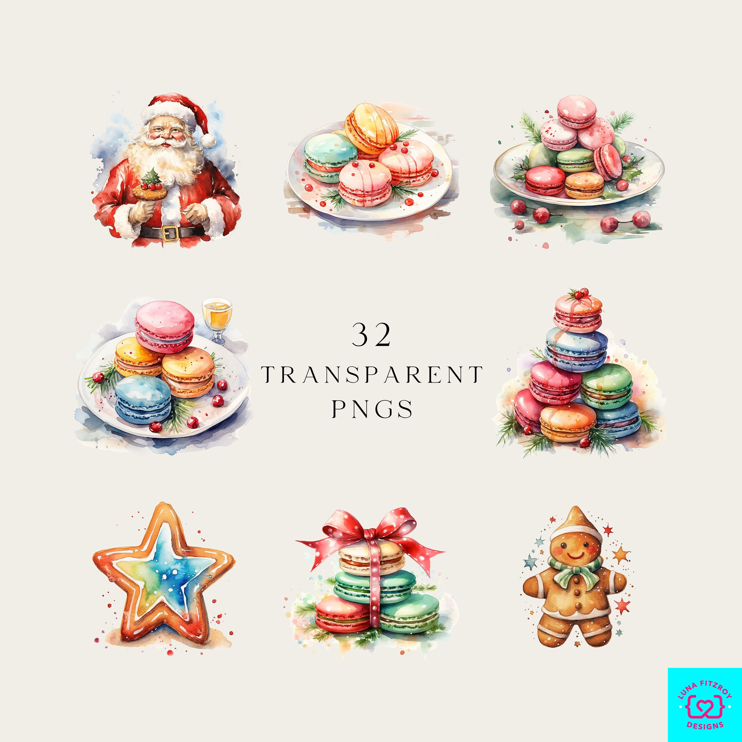 Christmas Cookie Clipart, Bundle of 64 Watercolor Christmas PNG, Boho ...