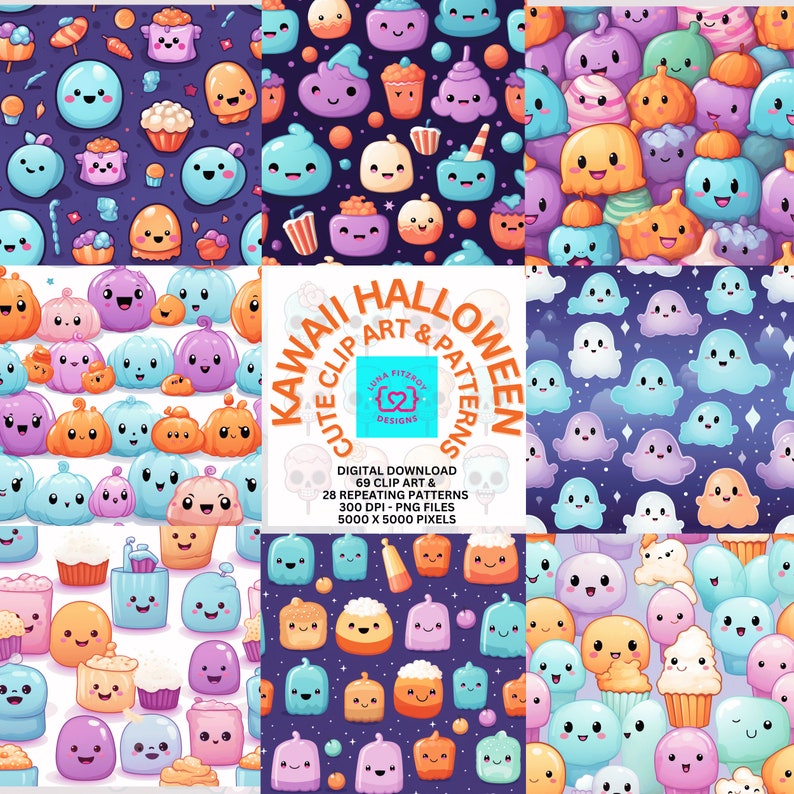 Cute Kawaii Halloween Clipart Bundle, 69 Halloween Clipart, 28 Seamless ...