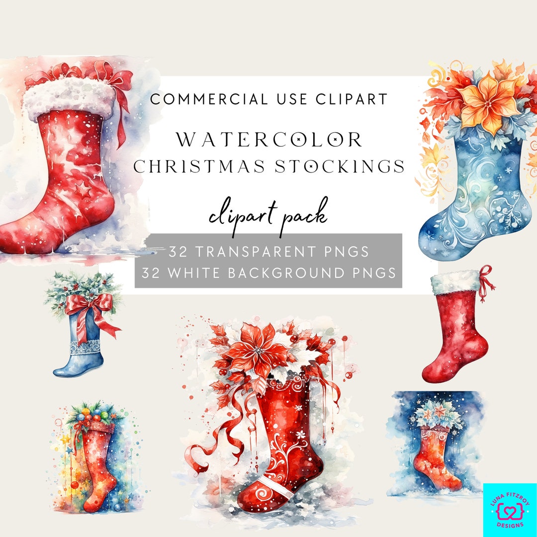 Christmas Stocking Clipart, Bundle of 64 Watercolor Christmas PNG, Boho ...