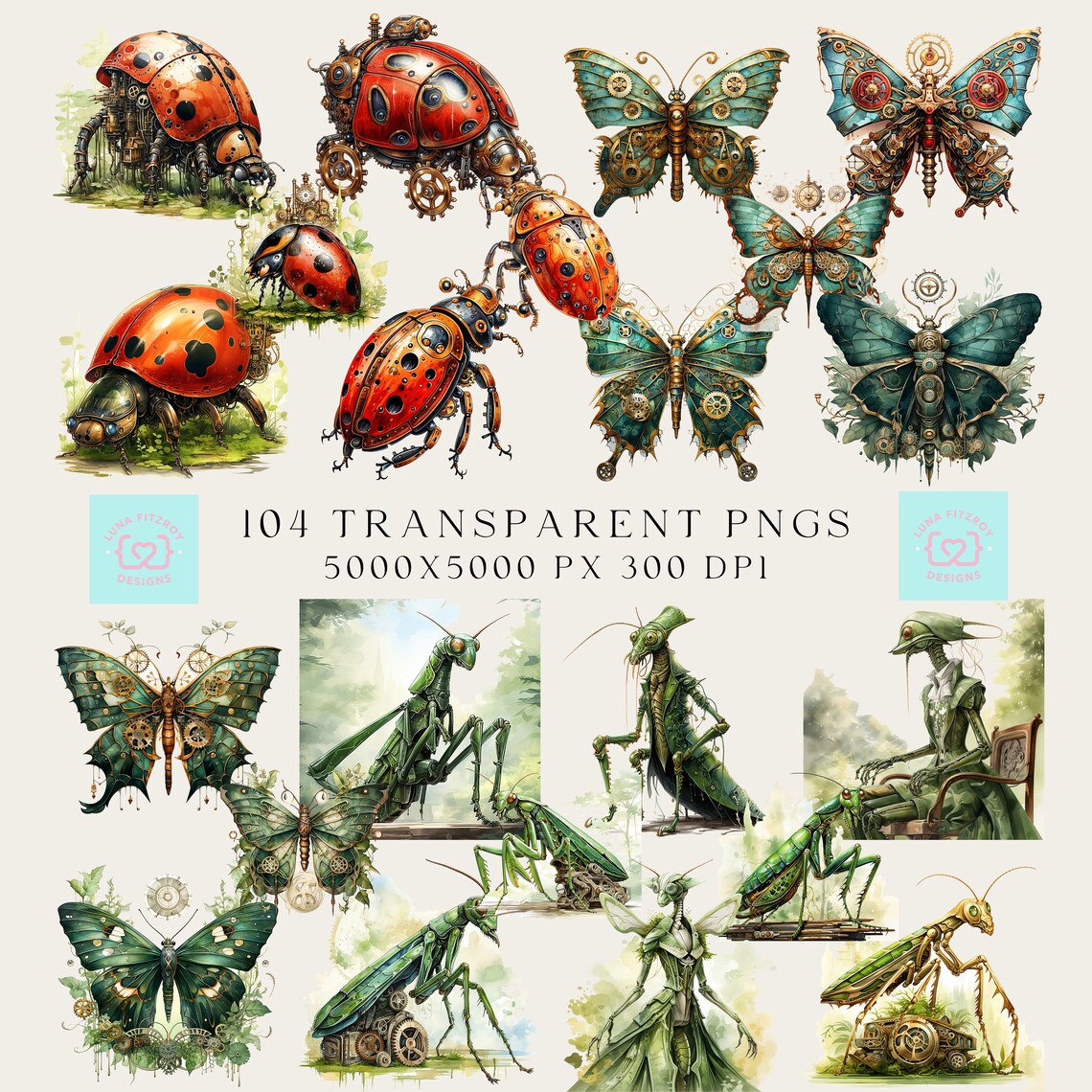 Steampunk Woodland Insect Clipart Bundle of 104 PNG, Watercolor Insect ...