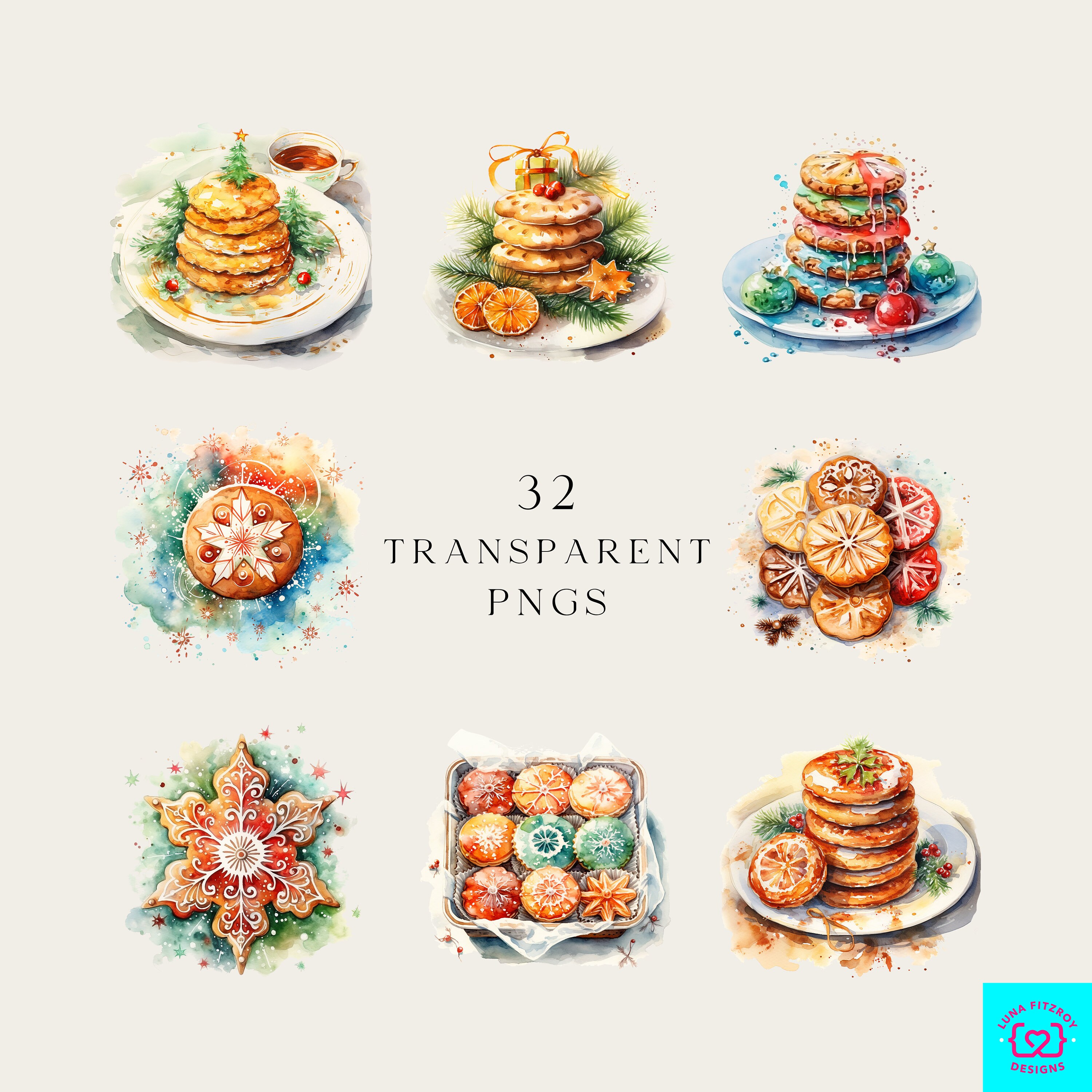 Christmas Cookie Clipart, Bundle of 64 Watercolor Christmas PNG, Boho ...