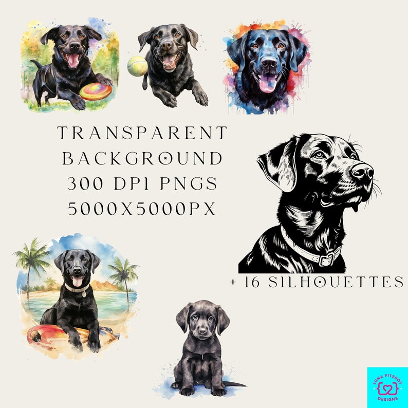 Black Lab PNG Bundle of 104 Watercolor Dog Clipart Silhouettes Journal ...