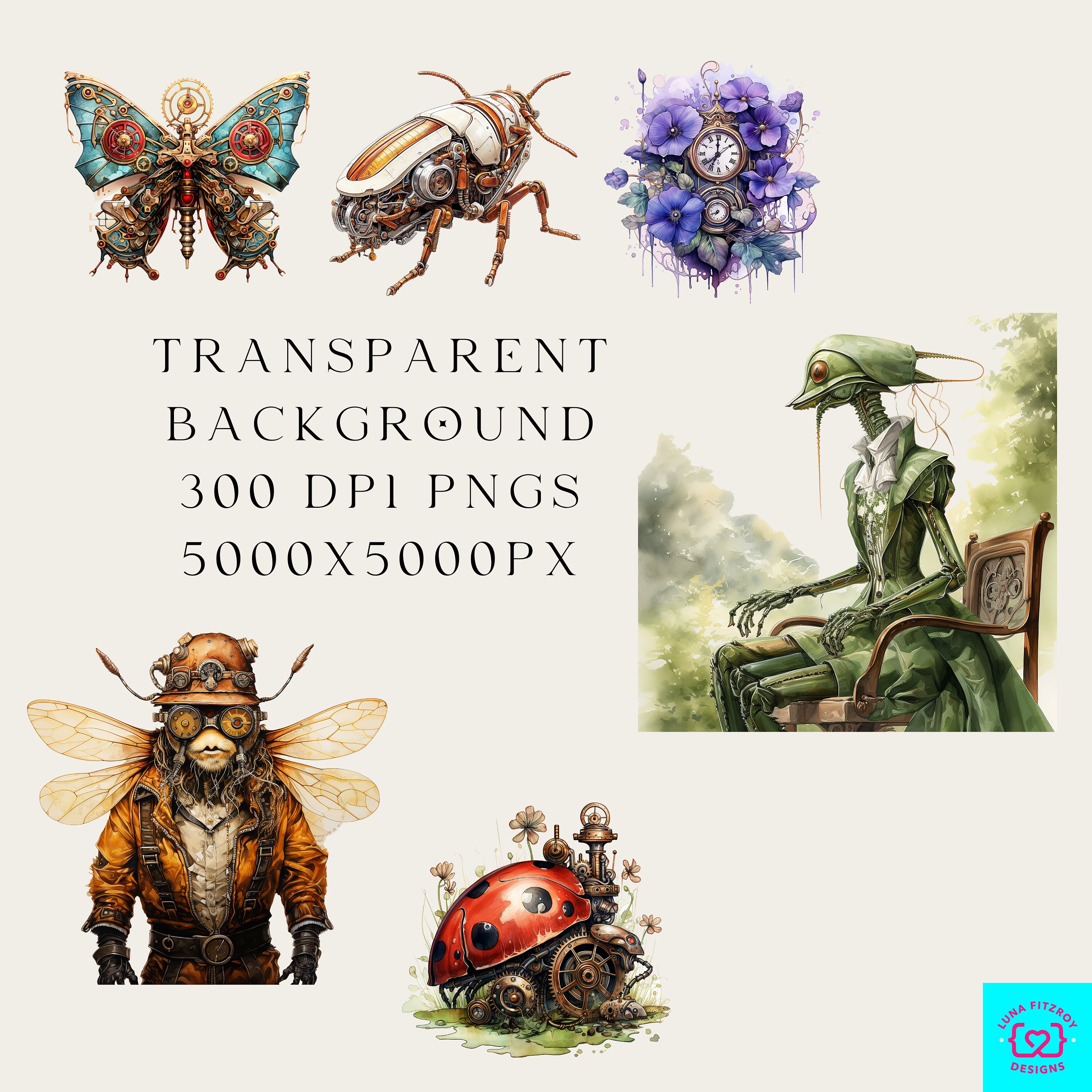 Steampunk Woodland Insect Clipart Bundle of 104 PNG, Watercolor Insect ...
