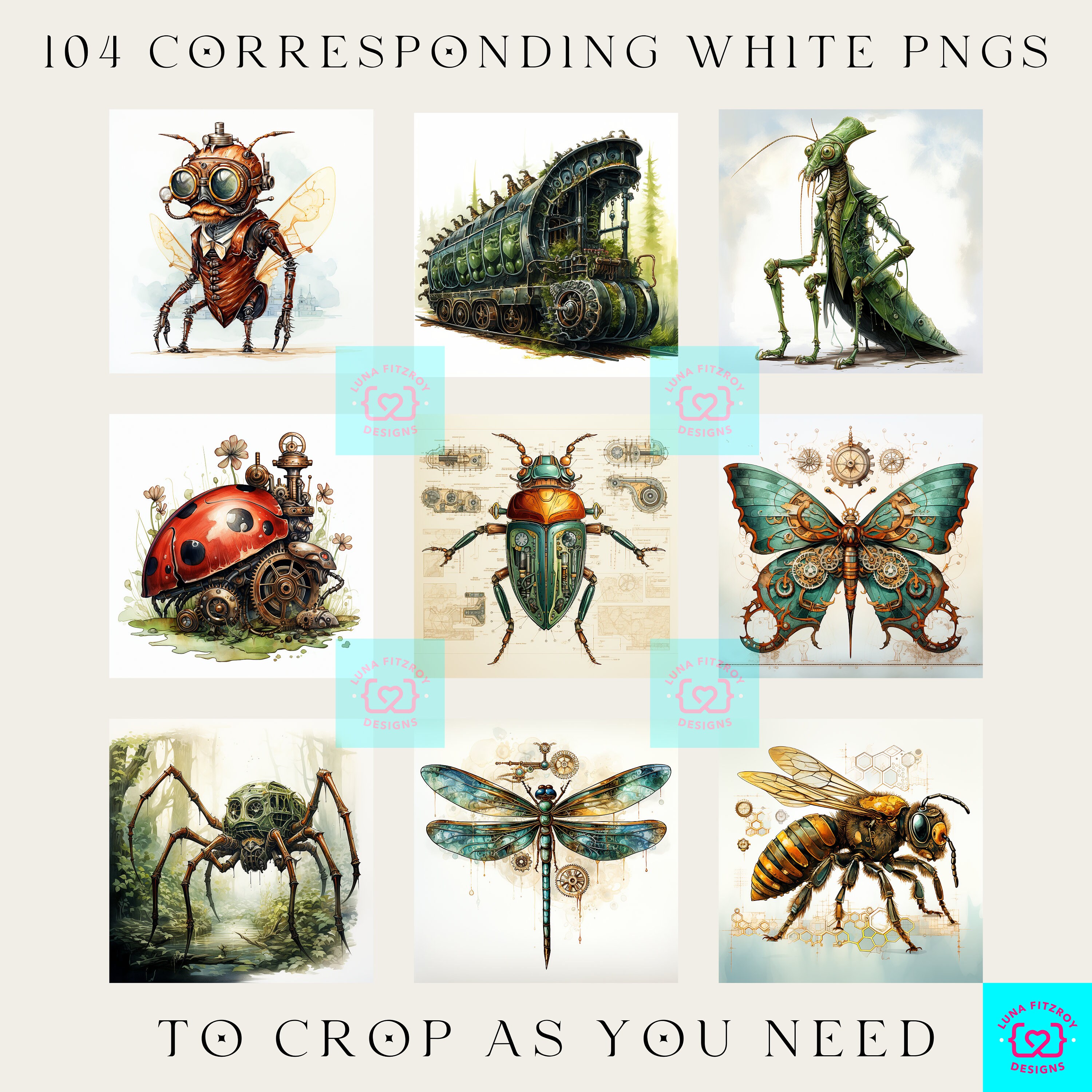 Steampunk Woodland Insect Clipart Bundle of 104 PNG, Watercolor Insect ...