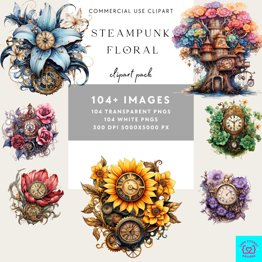 Steampunk Floral Clipart Bundle of 104 PNG, Watercolor Floral Steampunk ...