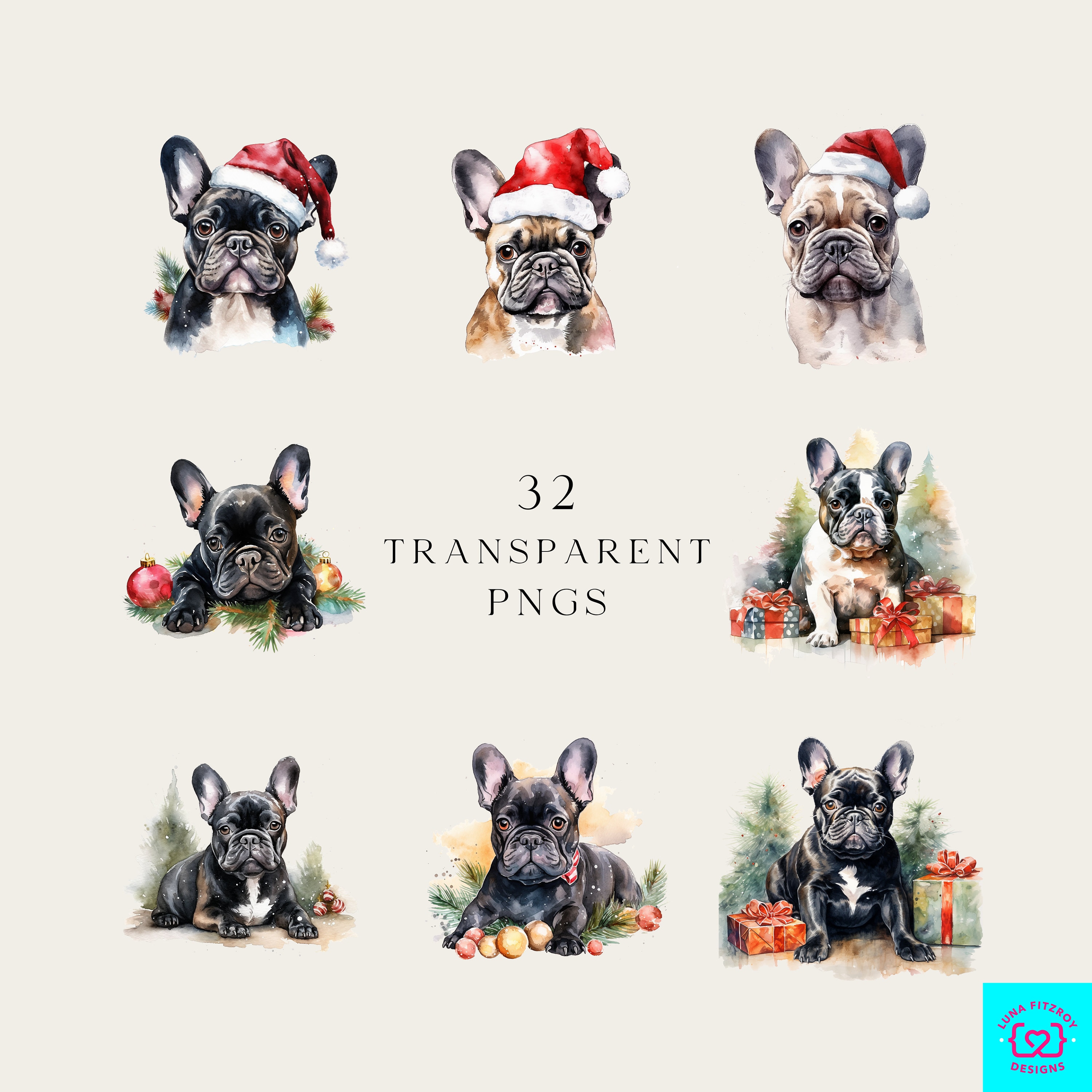 French Bulldog Christmas PNG, Bundle of 64 Watercolor Clipart ...