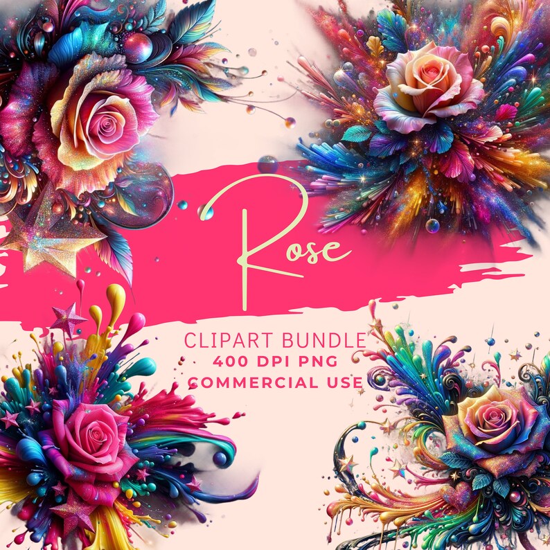 Colorful Rose Clipart Bundle of Four Digital PNG Images in High ...
