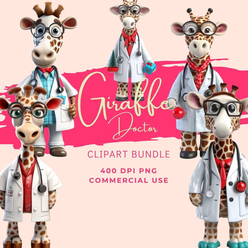 Giraffe Doctor Funny Clipart Bundle, High Resolution Digital PNG Images ...