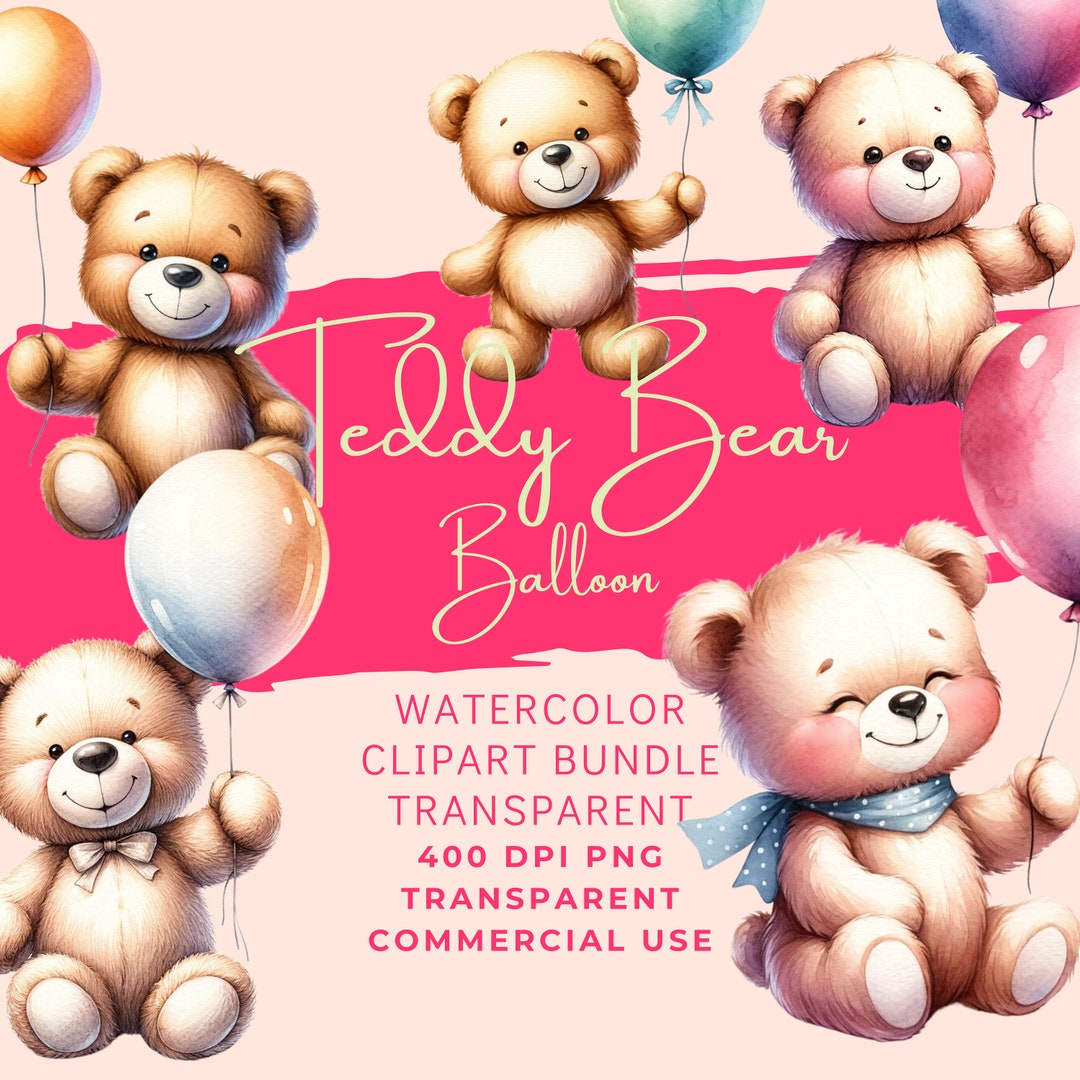 Teddy Bear and Balloon Clipart Bundle, Five High-resolution Pngs ...