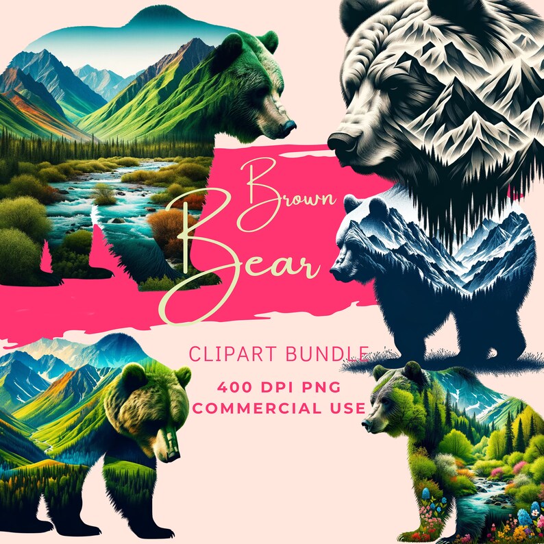 Brown Bear and Forest Clipart Bundle of 5 Digital PNG Images in High ...