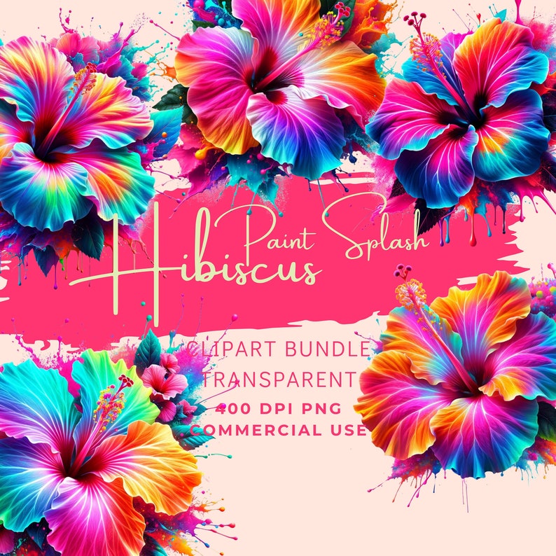 Hibiscus Paint Splash Clipart Bundle, Five Digital PNG Images in High ...