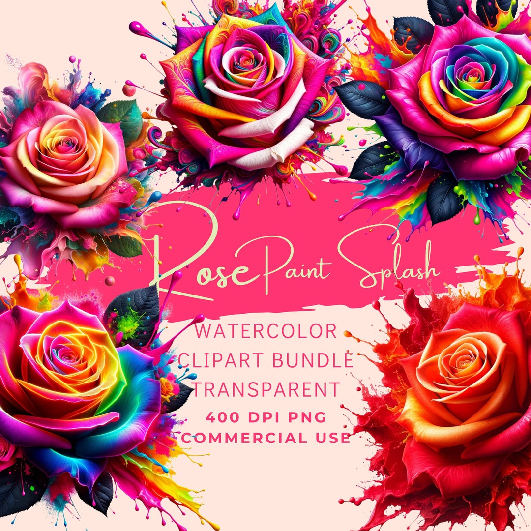 Rose Paint Splash Clipart, Watercolor Floral PNG Bundle, Graphic Design ...