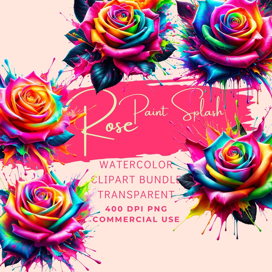 Rose Paint Splash Clipart Bundle, Five Digital PNG Images in High ...