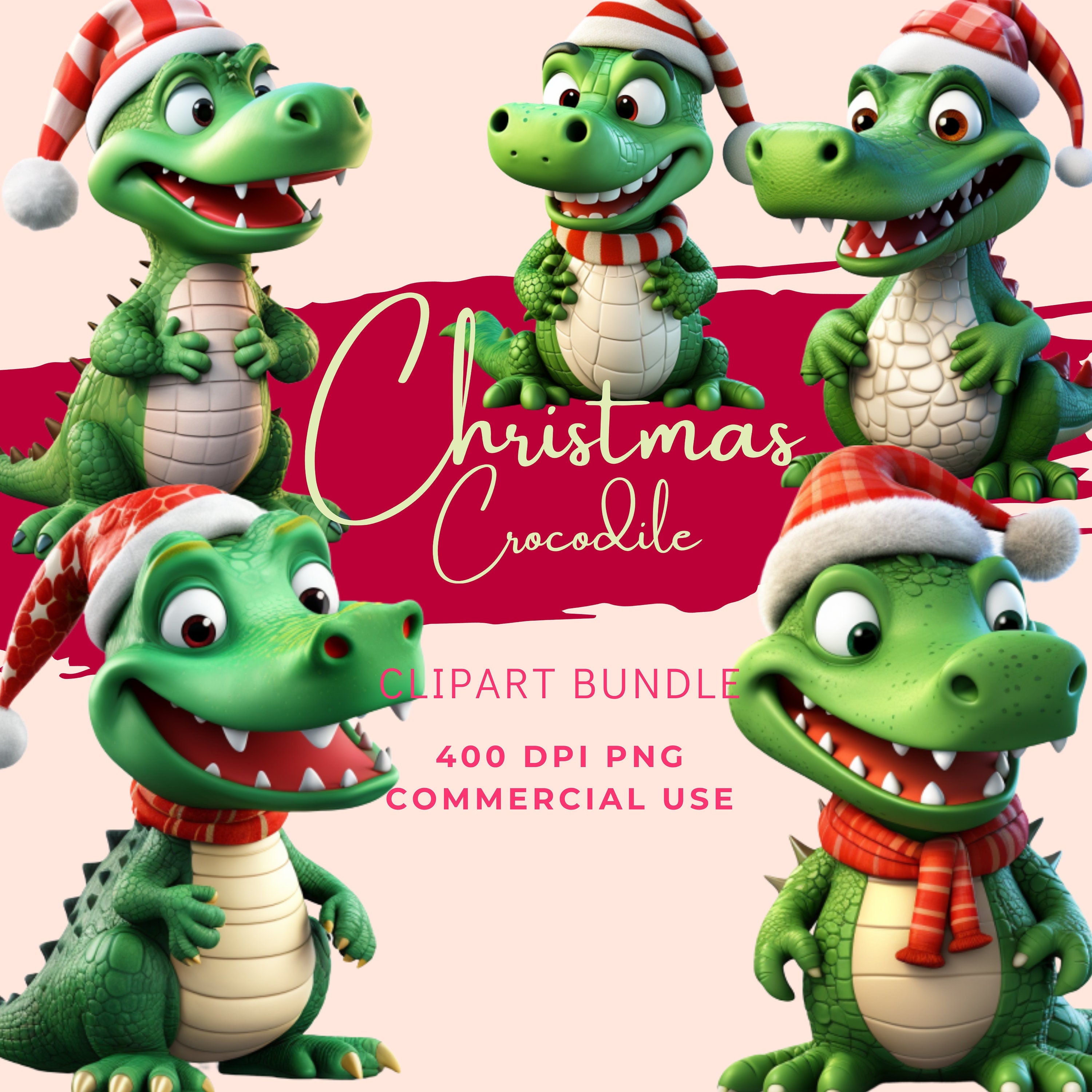 Funny Crocodile Christmas Clipart Bundle of 5 High-resolution 400 DPI ...
