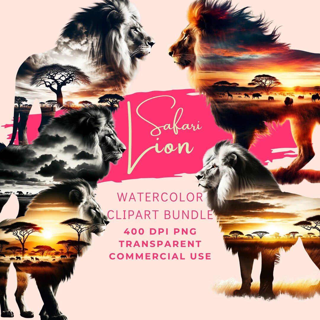 Safari Lion Clipart Bundle, Five Digital PNG Images in High Resolution ...