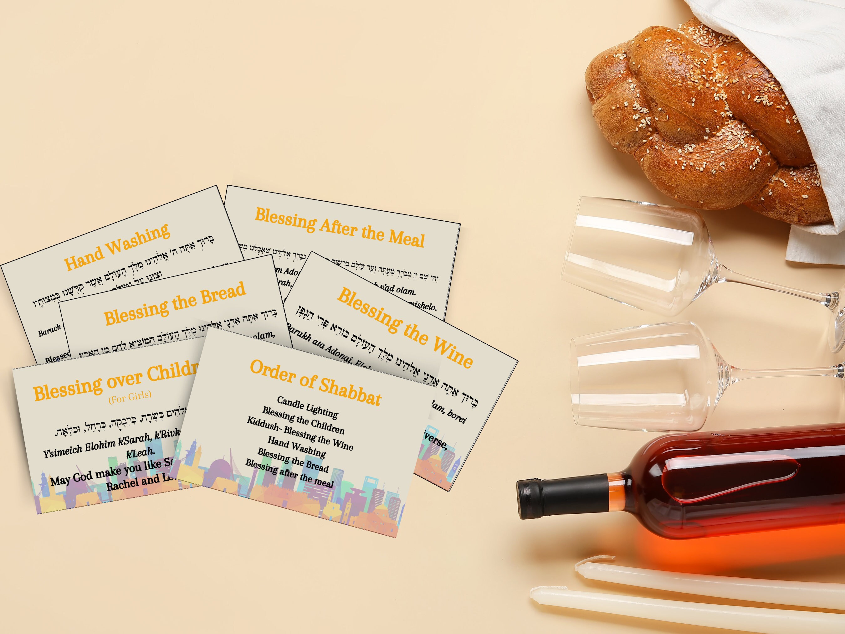 Printable Shabbat Prayer Cards, Friday Night Jewish Prayer, Jerusalem ...