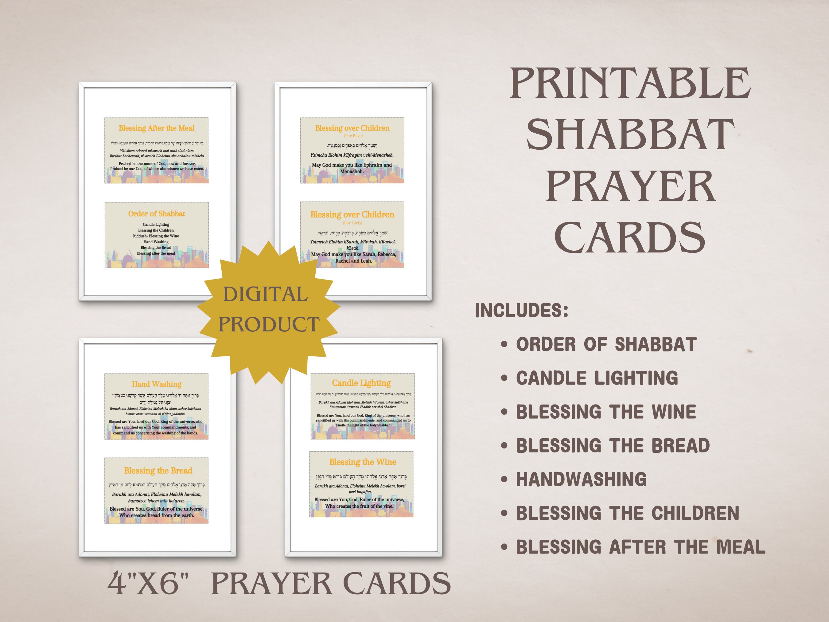 Printable Shabbat Prayer Cards, Friday Night Jewish Prayer, Jerusalem ...