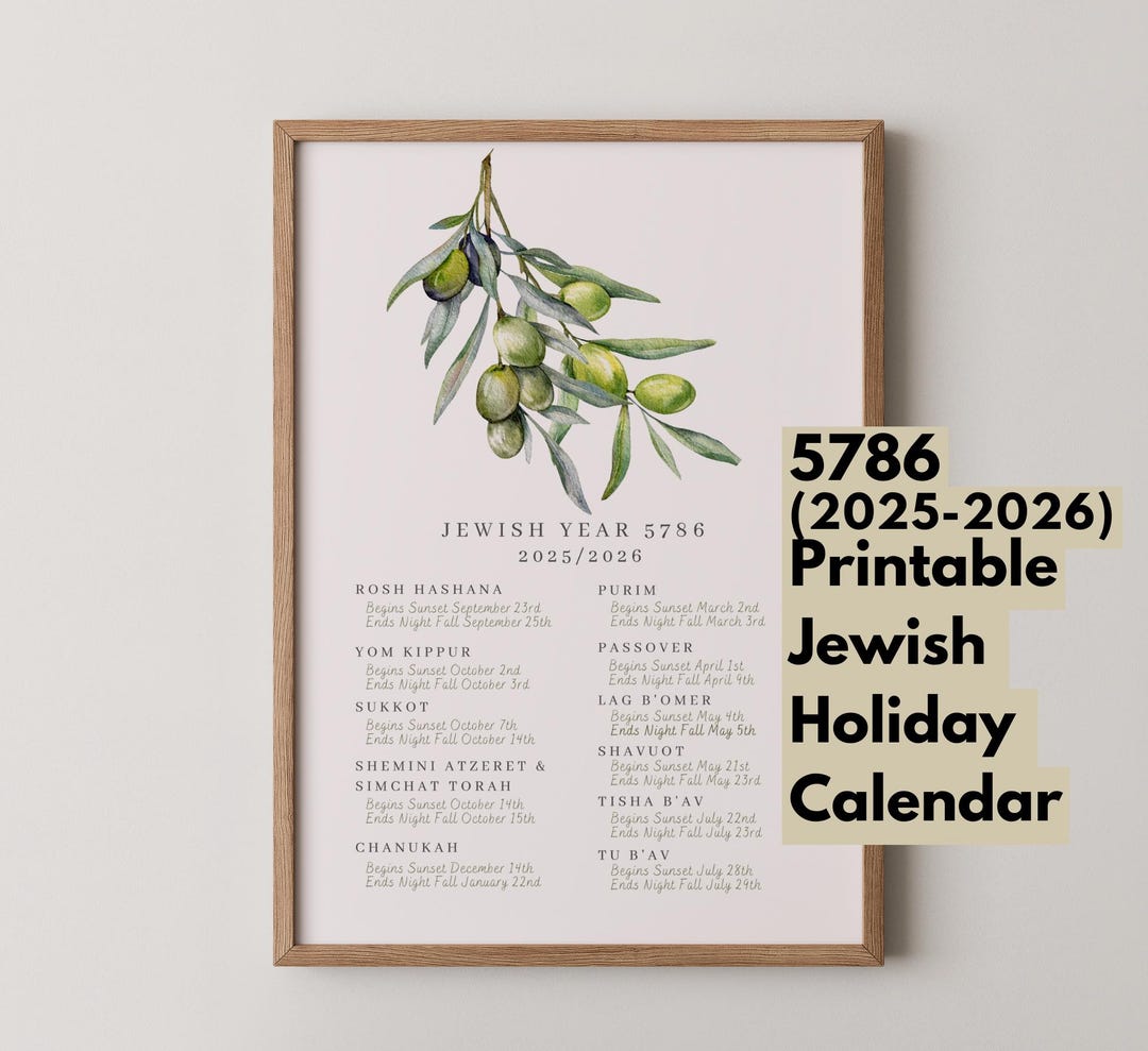Printable Jewish Holiday Calendar Year 5786, Hebrew Calendar 2025-2026 ...