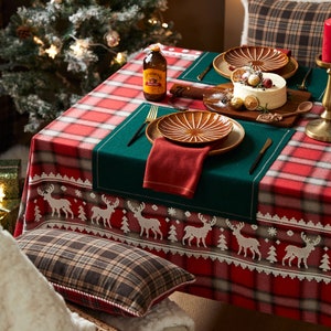 Red Checkered Christmas Tablecloth, Embroider Reindeer Table Cover ...