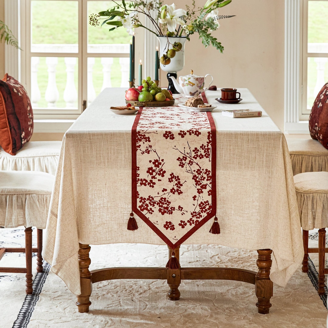 Art Print Red Floral Table Runner Retro Handmade Holiday Kitchen Dining ...