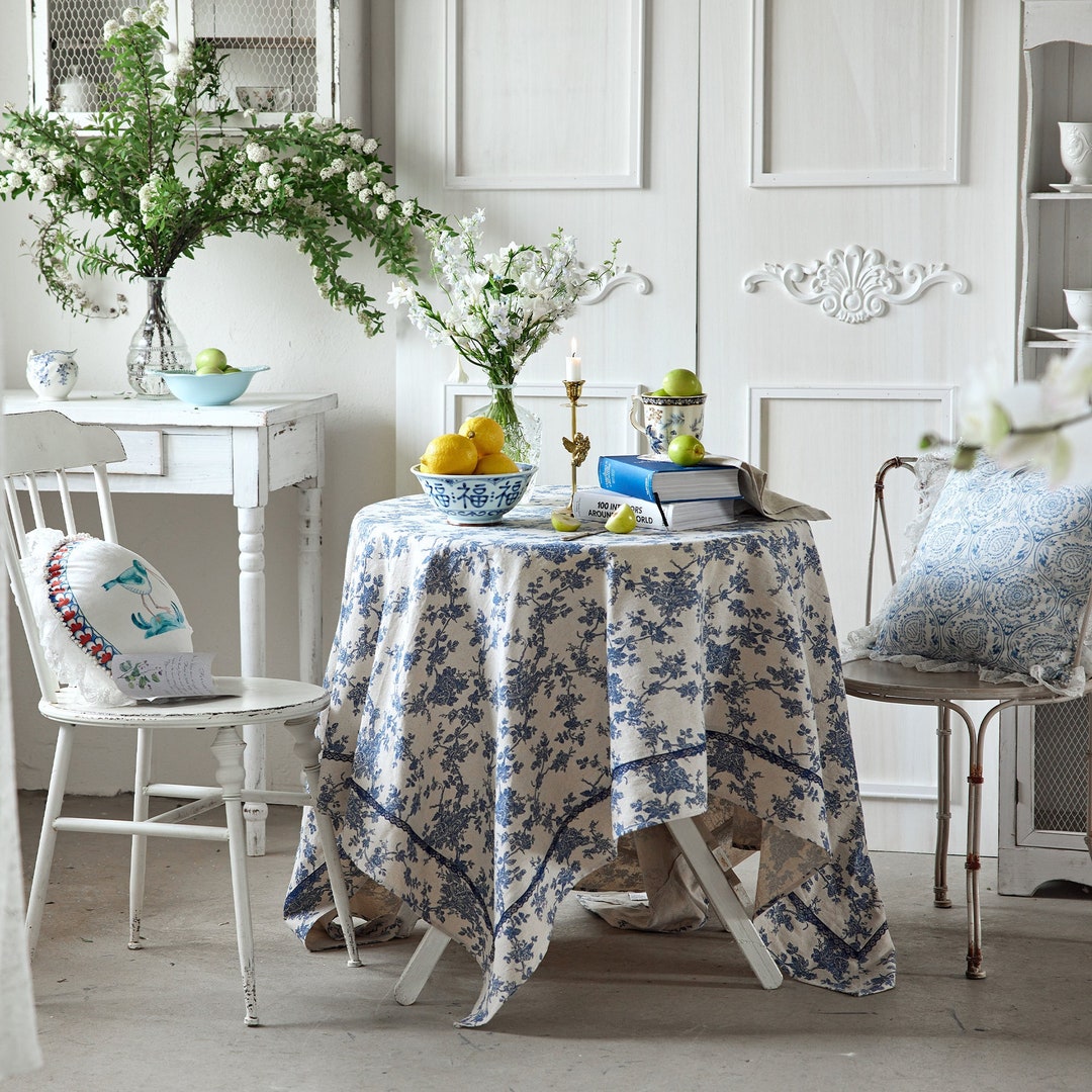 Blue Floral Tablecloth, French Country Cotton Blend, Custom Size - Etsy ...