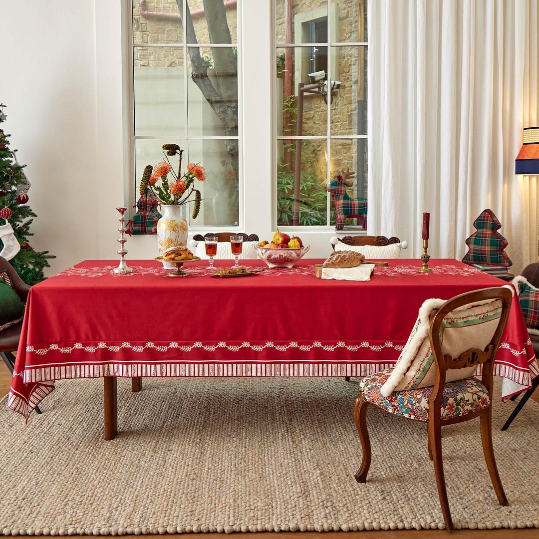 Red Velvet Christmas Tablecloth With Reindeer, Holiday Dining Table ...