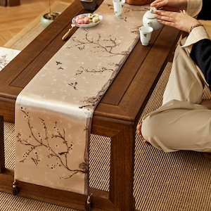 Exquisite Floral Silk Table Runner With Tassels, Luxury Table Decor ...