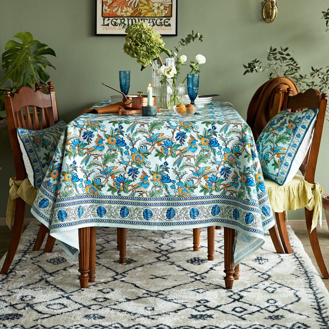 Floral and Bird Design Tablecloth Natural Cotton Fabric Table Cover ...
