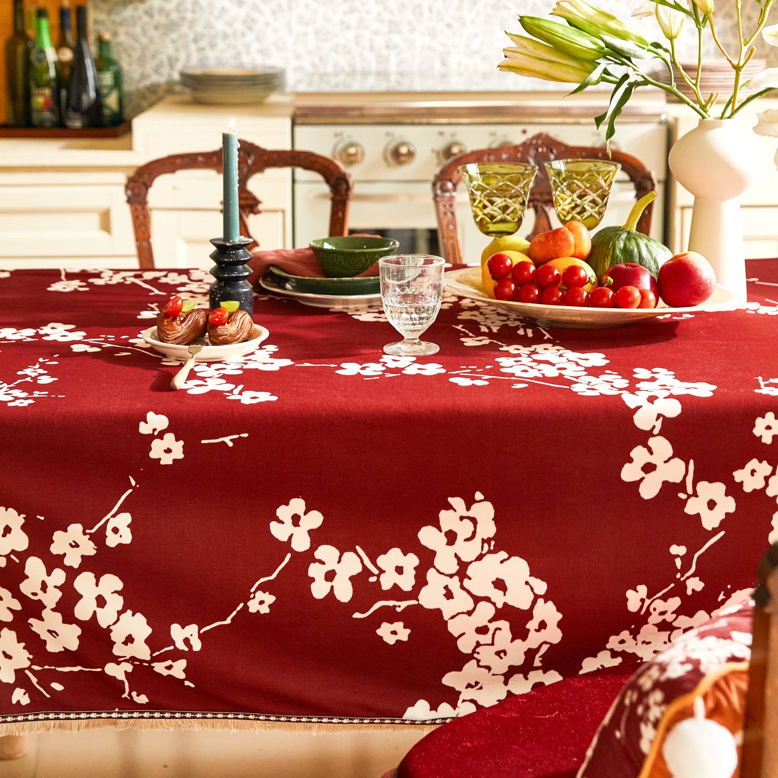 Red Velvet Tablecloth Art Floral Tablecloth Retro Style Handmade ...