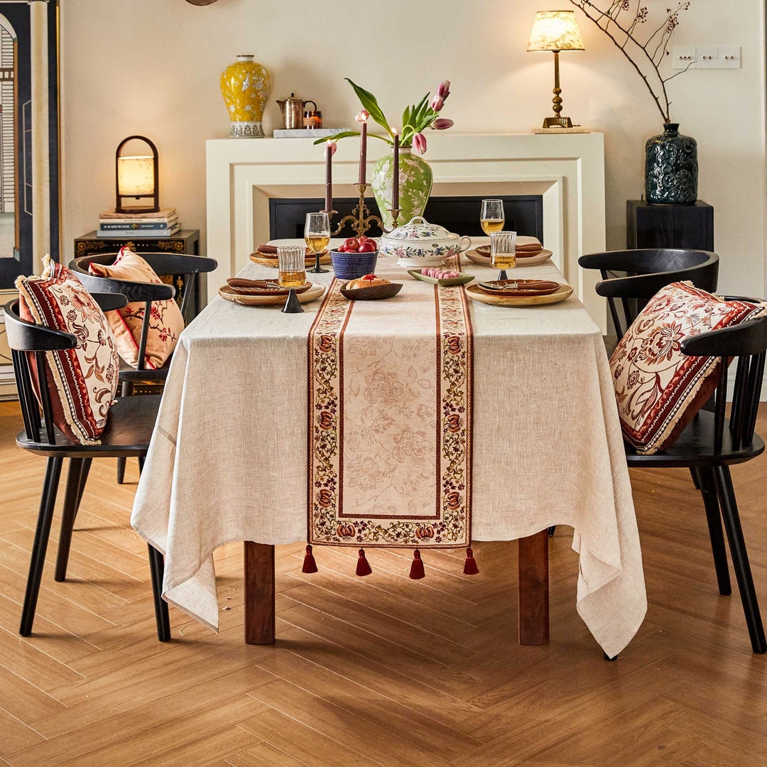 Retro Style Table Runner With Floral Pattern and Graceful Tassels ...