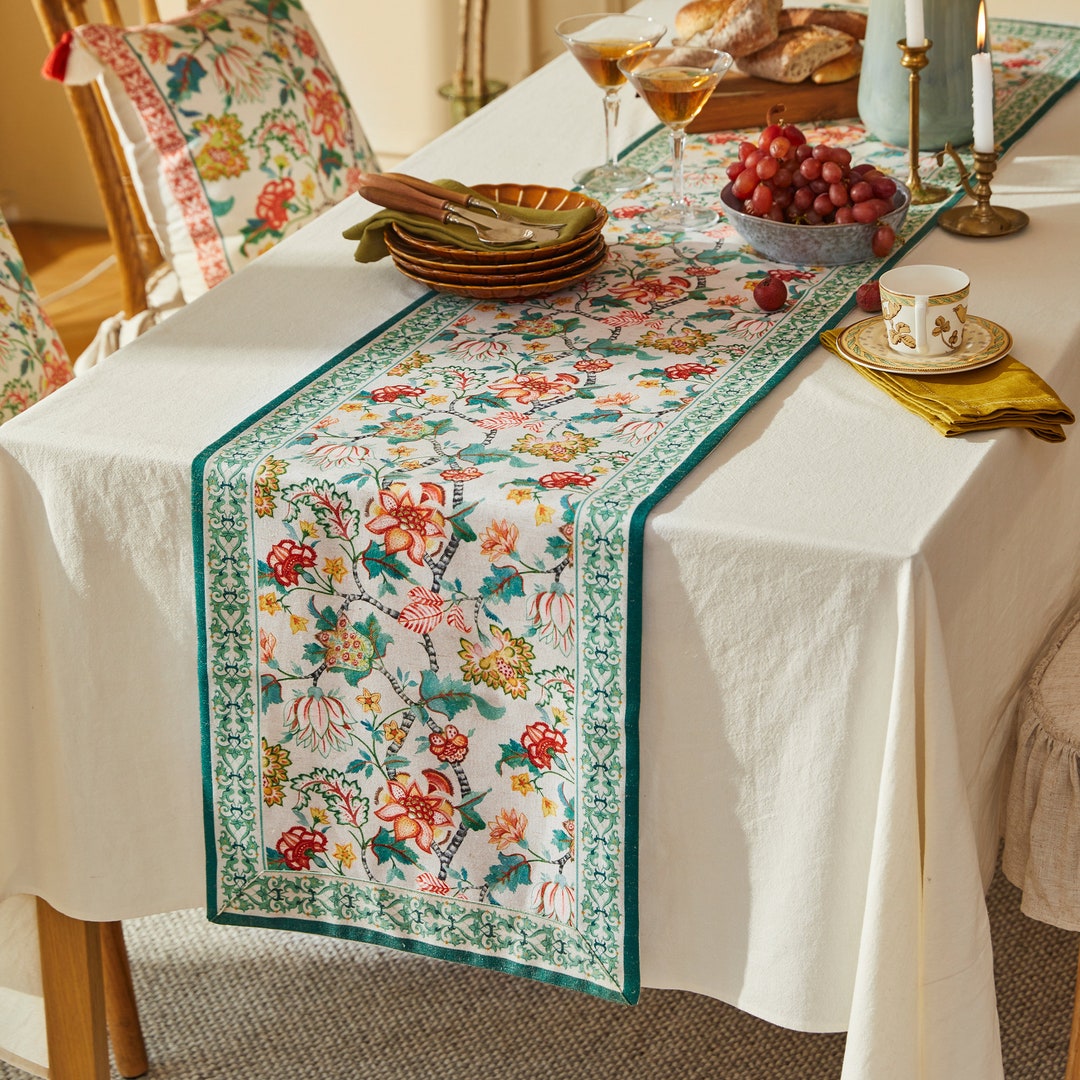 Floral Table Runner Green Colorful Table Runner Rectangular Custom Size ...