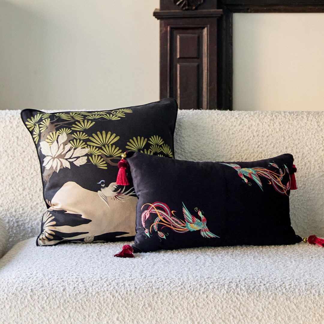 Phoenix and Pine Pattern Pillow Cover, Oriental Elegance, Custom Luxury ...