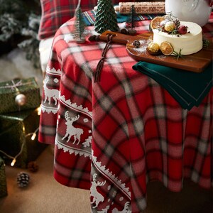 Red Checkered Christmas Tablecloth, Embroider Reindeer Table Cover ...