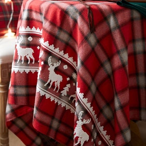 Red Checkered Christmas Tablecloth, Embroider Reindeer Table Cover ...