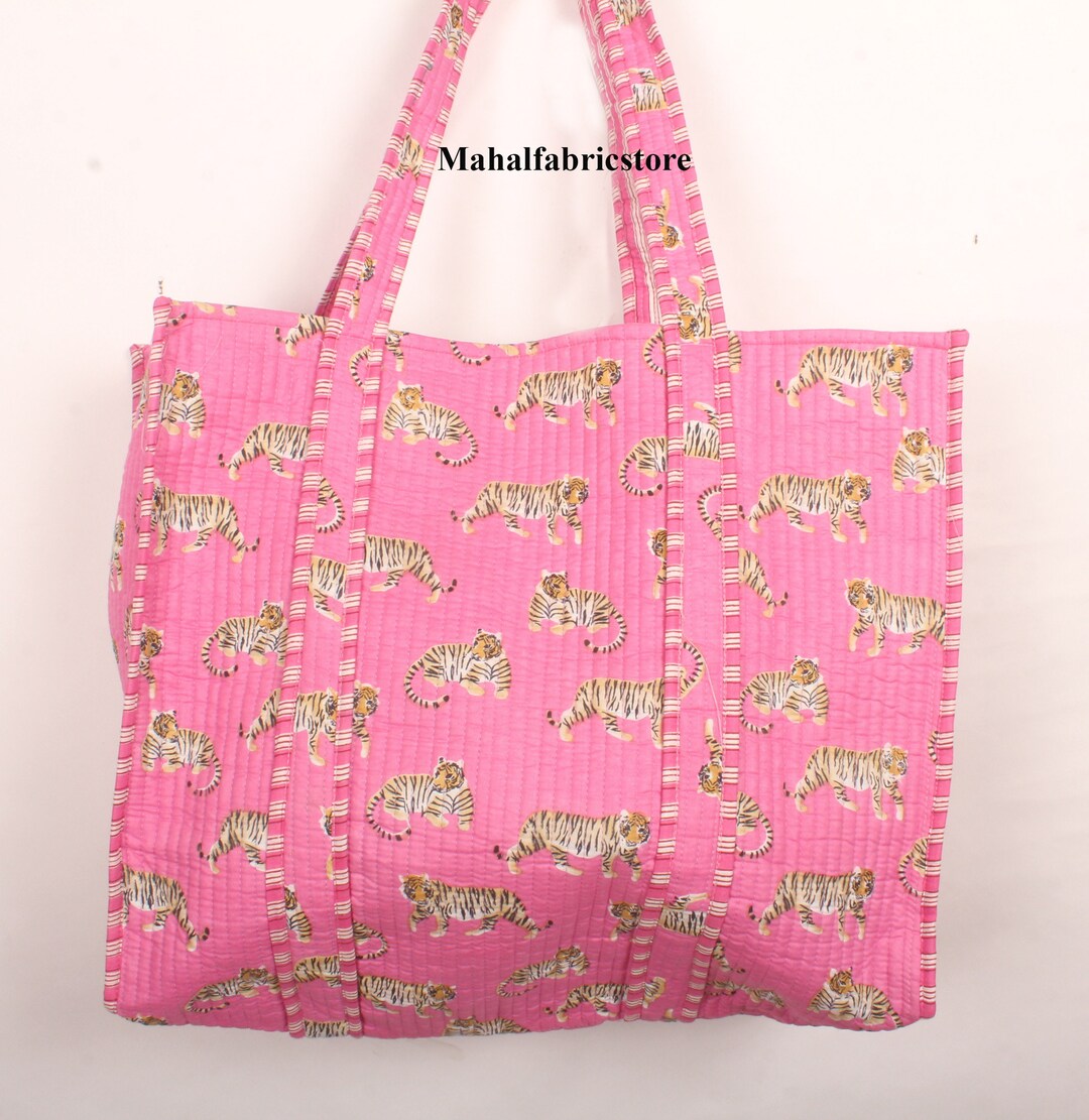 Pink Tiger Print Tote Bag Indian Handmade Cotton Shopping Tote Bag ...