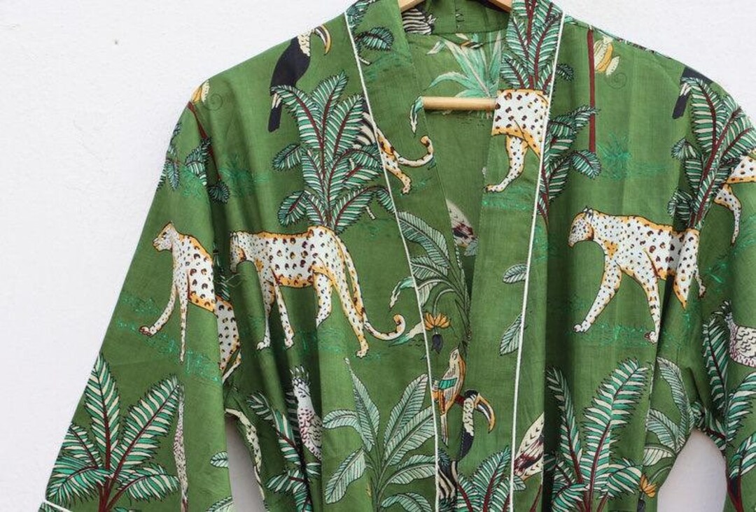 Tiger Print Cotton Kimono Robes, Jungle Print Kimono, Bath Robes, Soft ...