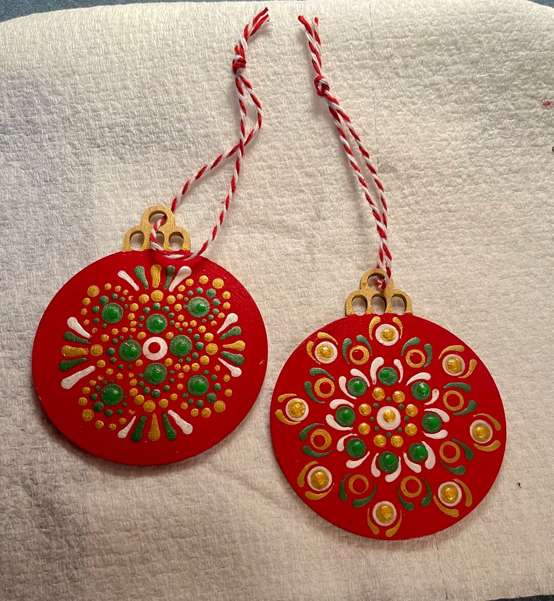 2 Mandala Christmas Ornaments, Hand Painted, Premium Wood. Set of ...